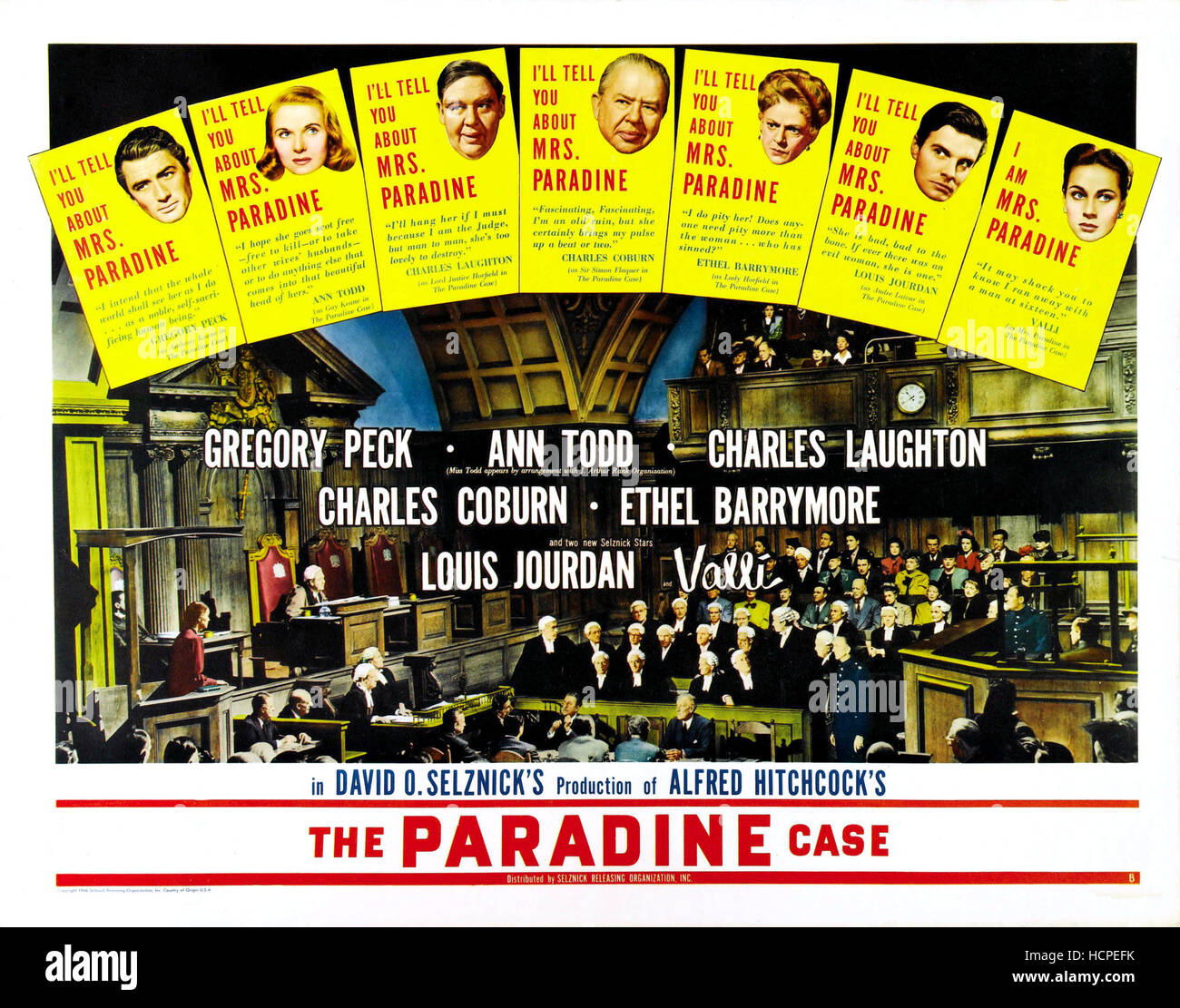 THE PARADINE CASE, from left: Gregory Peck, Ann Todd, Charles Laughton ...