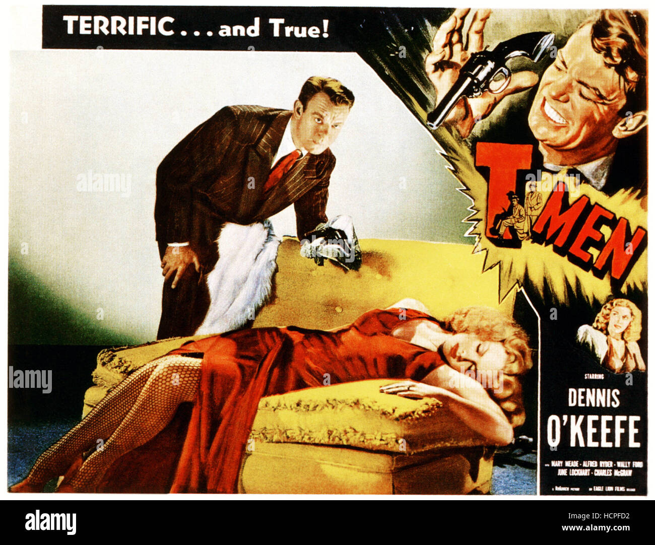 T-MEN, inset from left: Dennis O'Keefe, Mary Meade, right from top ...