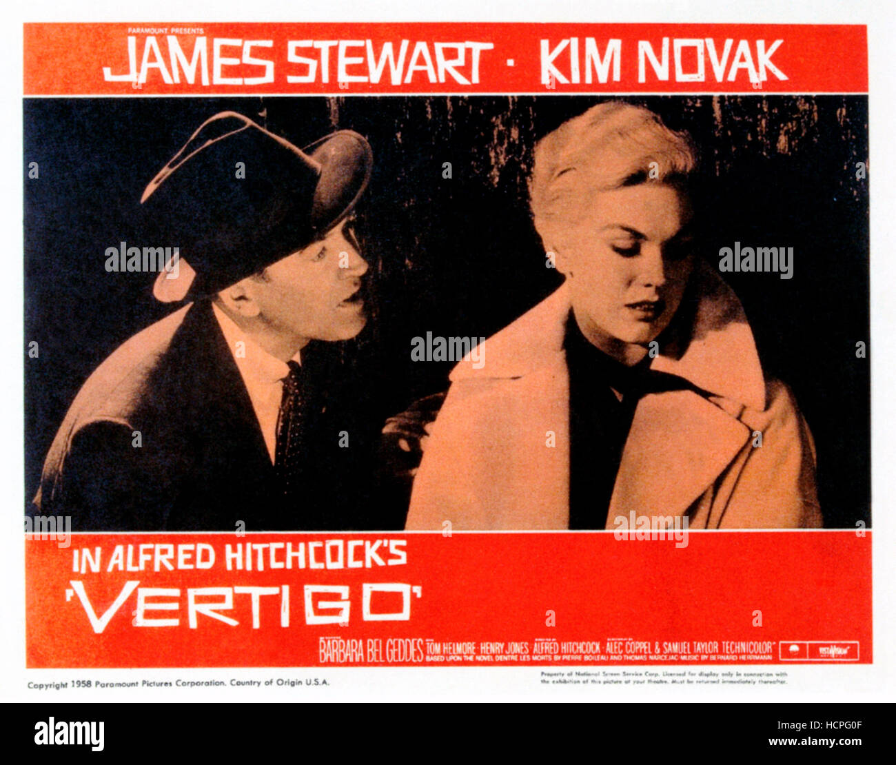 VERTIGO, from left: James Stewart, Kim Novak on lobbycard, 1958 Stock ...