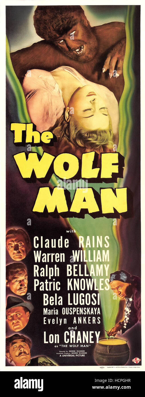 THE WOLF MAN, top: Lon Chaney Jr. (as Wolf Man), Evelyn Ankers, left ...