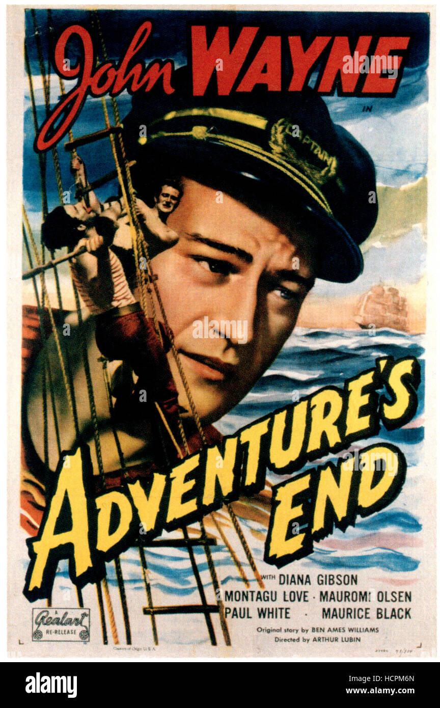 ADVENTURE'S END, John Wayne in 1949 reissue poster, 1937 Stock Photo ...