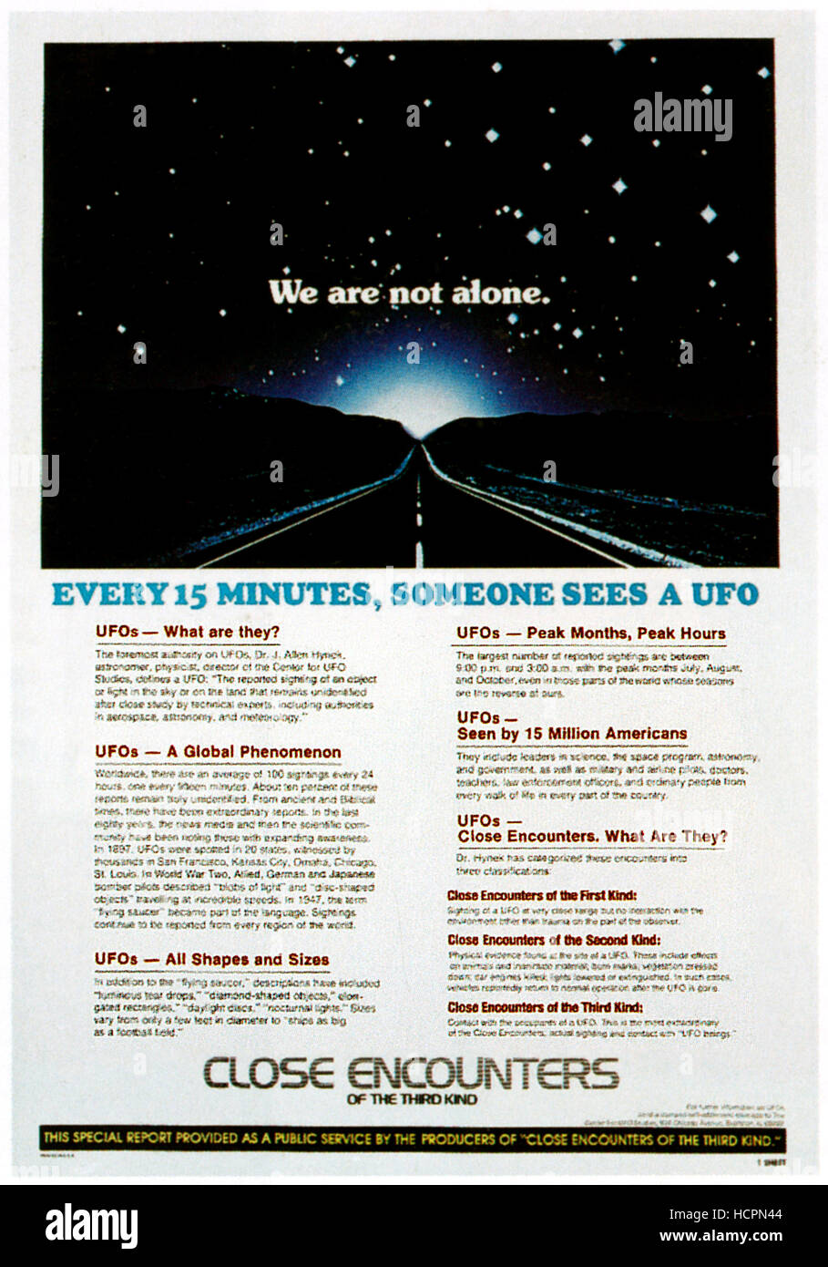 CLOSE ENCOUNTERS OF THE THIRD KIND, promotional poster with UFO trivia ...