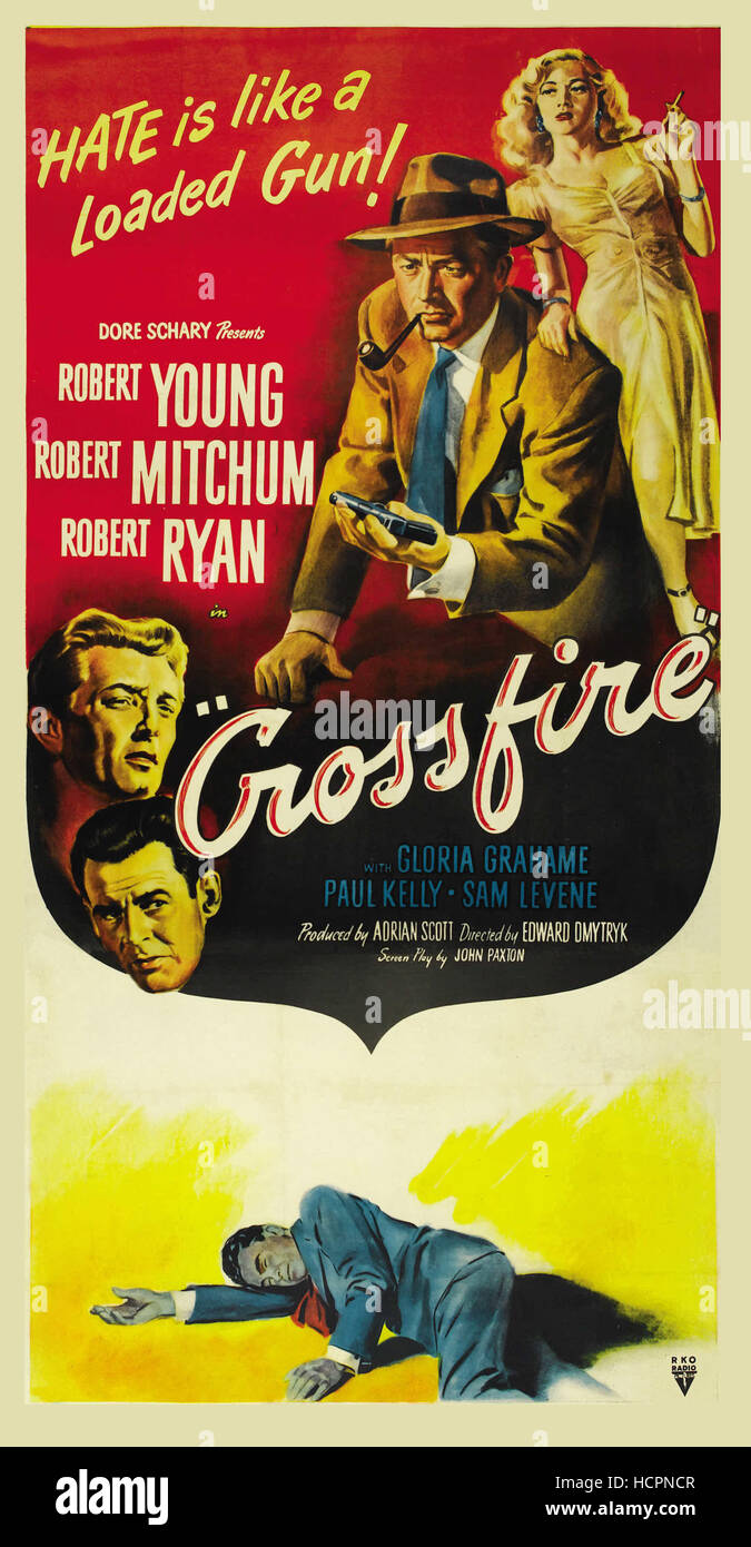 CROSSFIRE, US poster art, Robert Mitchum, Robert Ryan, Robert Young ...