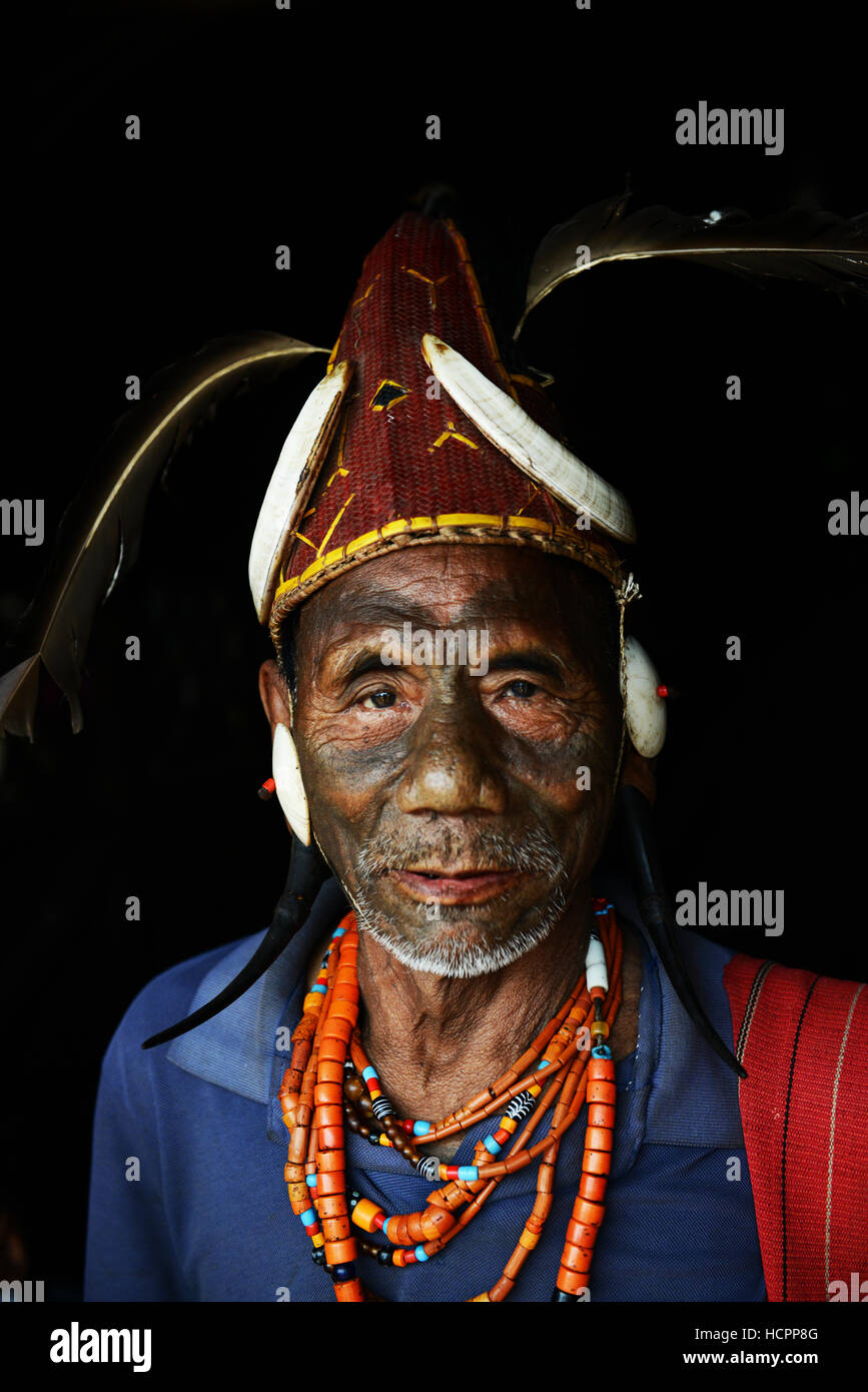 Portrait of a tattooed head hunter warrior from the Konyak tribe in ...