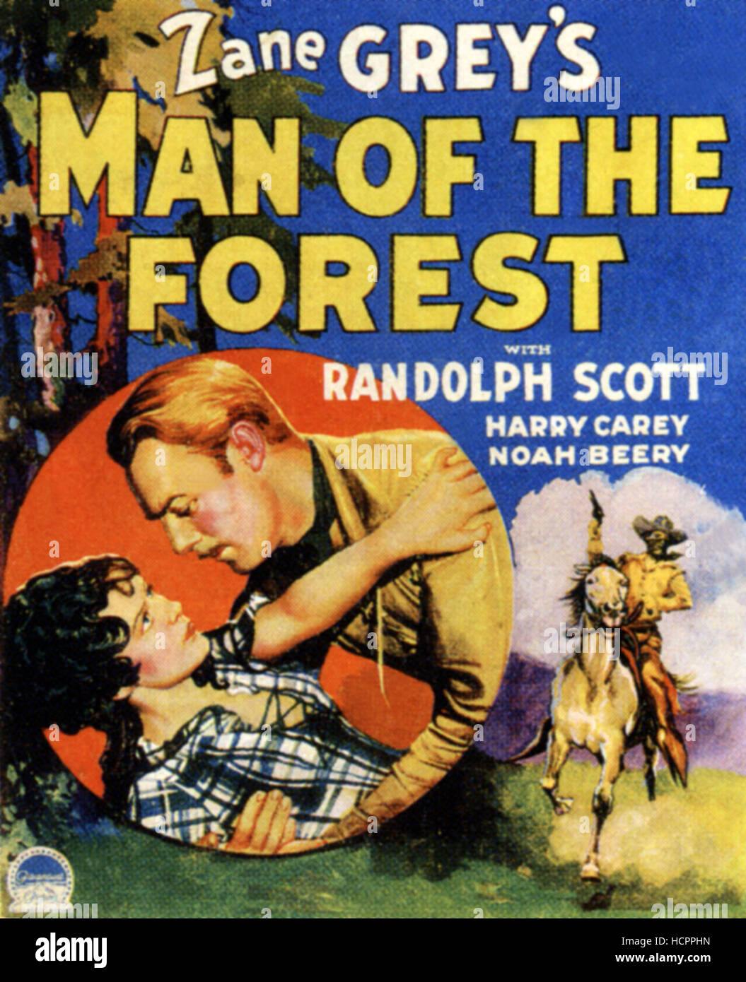 MAN OF THE FOREST, l-r: Verna Hillie, Randolph Scott on window card ...
