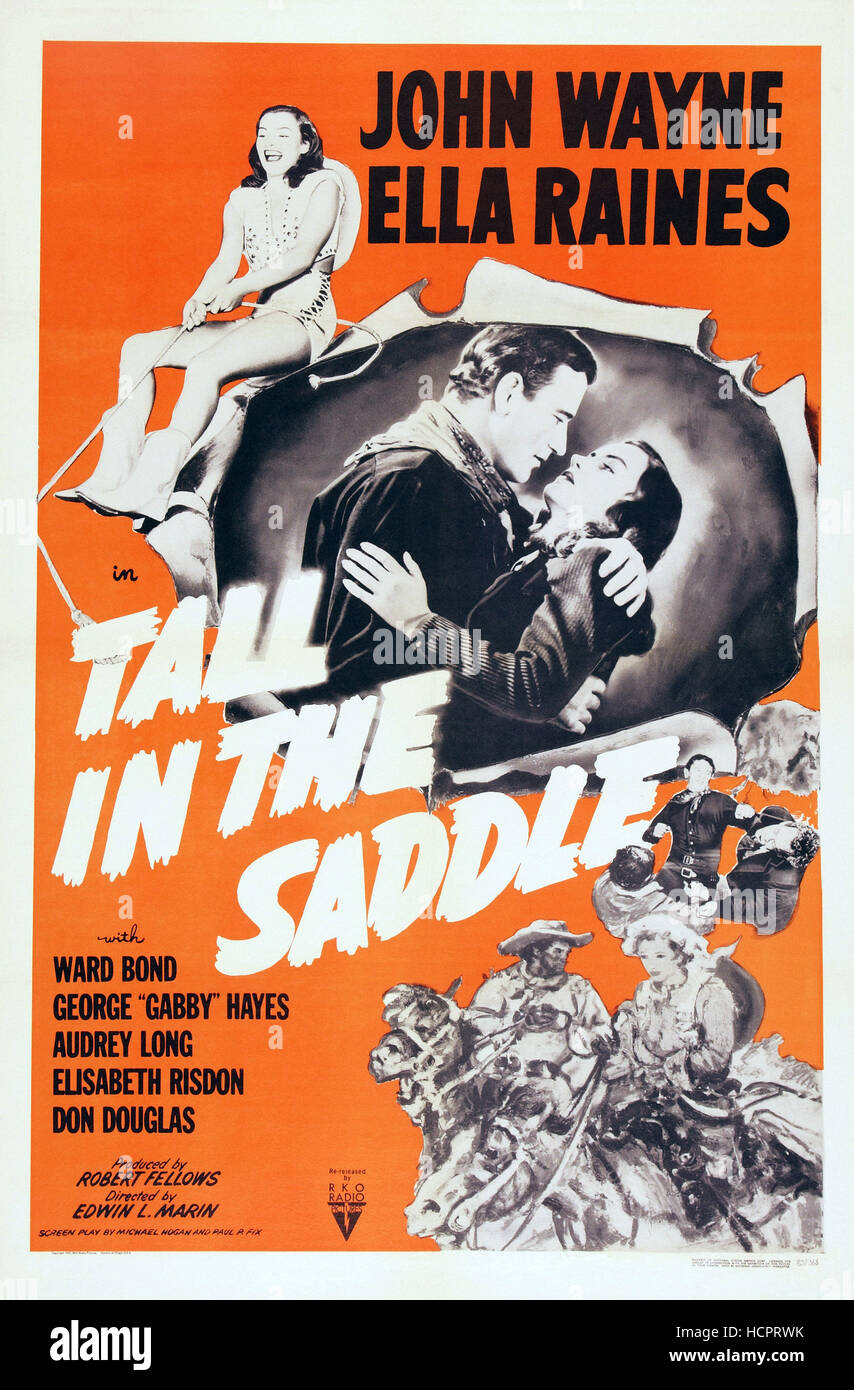 TALL IN THE SADDLE, from top left: Ella Raines, John Wayne, Ella Raines ...