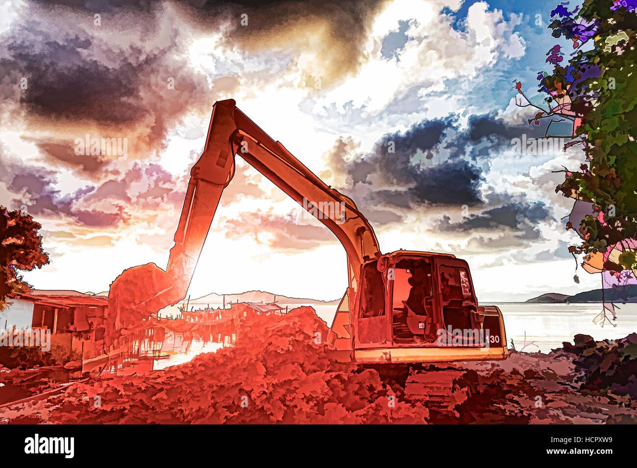 Excavator operator downtime waiting sunset Stock Photo - Alamy