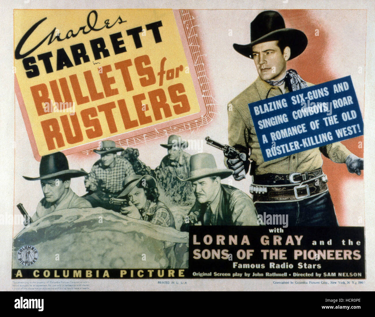 BULLETS FOR RUSTLERS, front from left: Charles Starrett, Lorna Gray (aka Adrian Booth), Jack ...