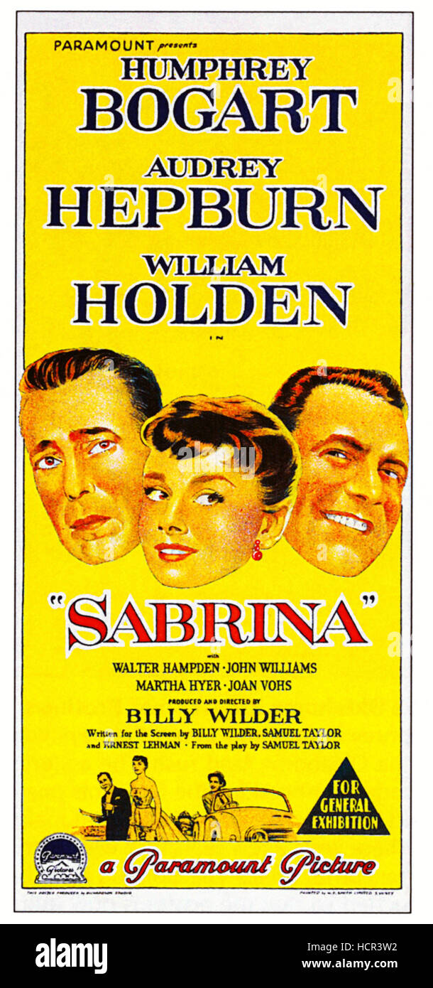SABRINA, l-r: Humphrey Bogart, Audrey Hepburn, William Holden on Australian daybill, 1954 Stock ...