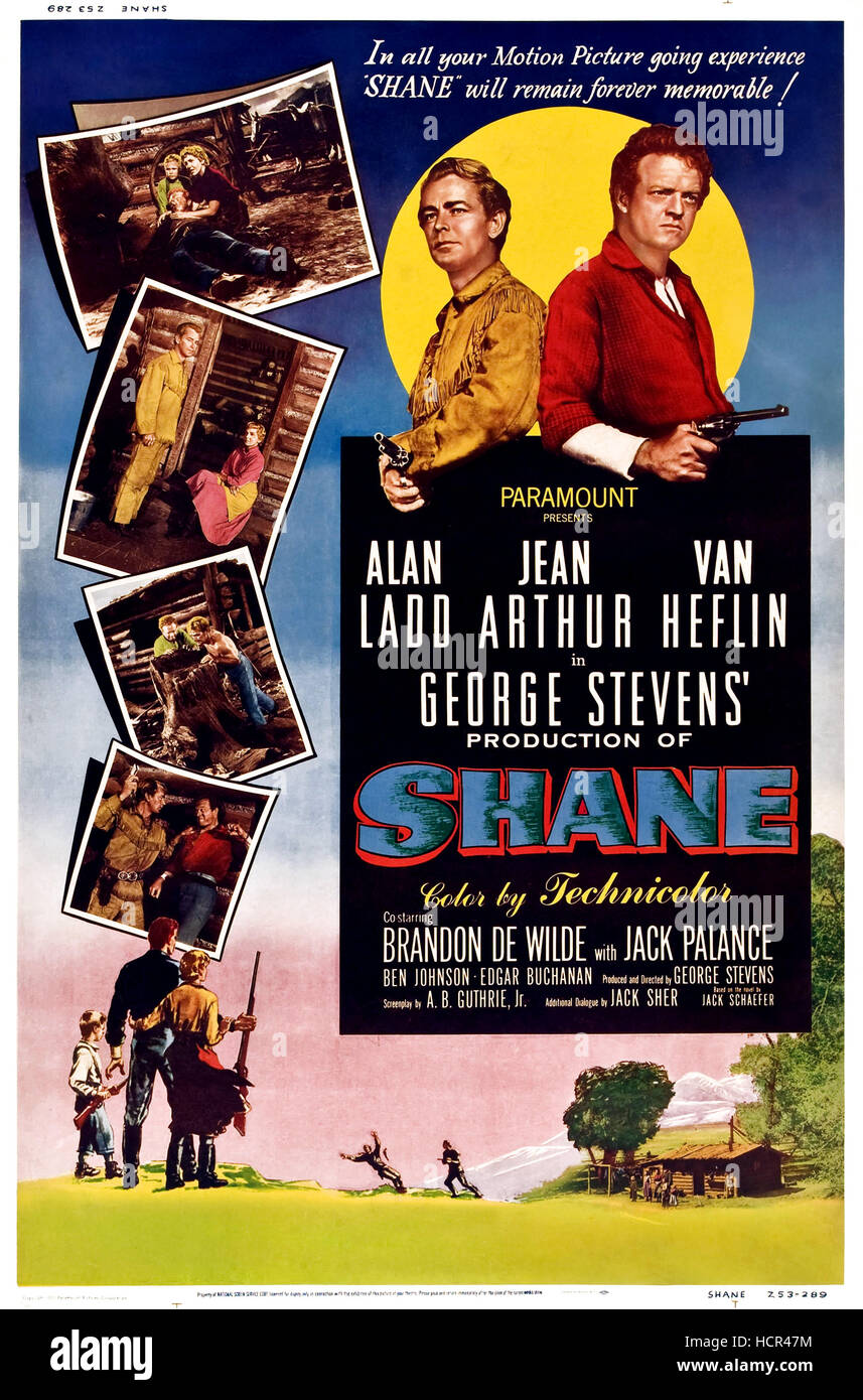 SHANE, poster art, top from left: Alan Ladd, Van Heflin, 1953 Stock ...
