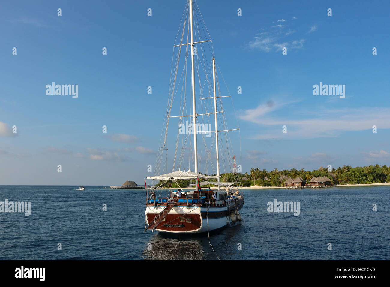 A nautical landscape with retro sailboat. Sea voyage on sailing yacht ...