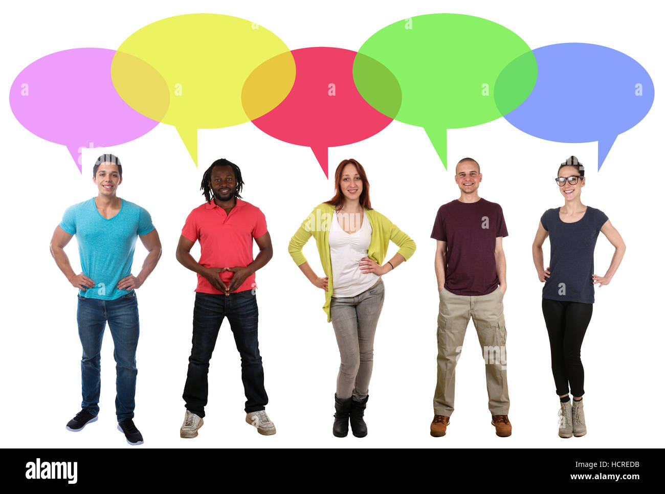 Smiling multi ethnic group of young people talking speaking saying ...