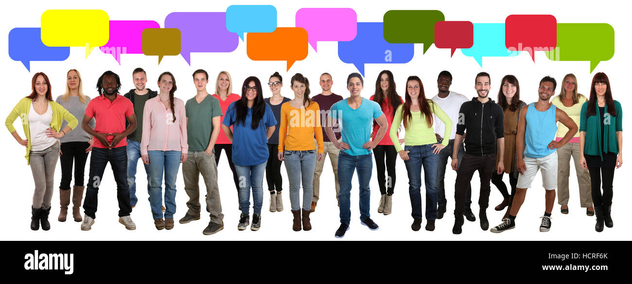 Multi ethnic group of smiling young people talking saying speaking ...