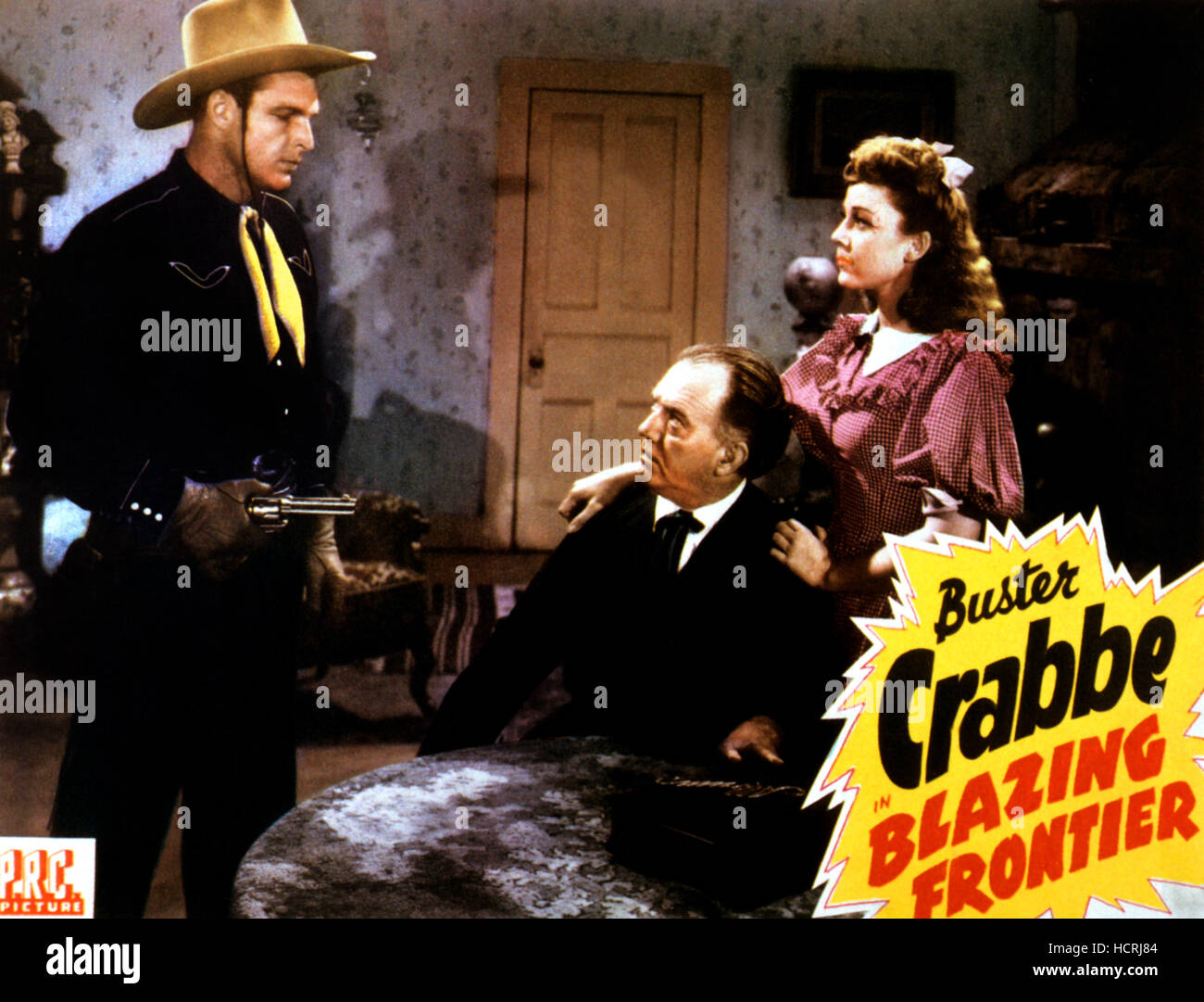 BLAZING FRONTIER, l-r: Buster Crabbe, Milton Kibbee, Marjorie Manners on lobbycard, 1943 Stock ...