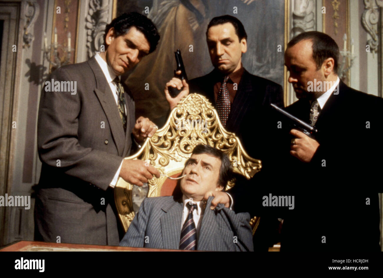 BLAME IT ON THE BELLBOY, Andreas Katsulas, Dudley Moore (seated), Alex Norton, Jim Carter, 1992 ...