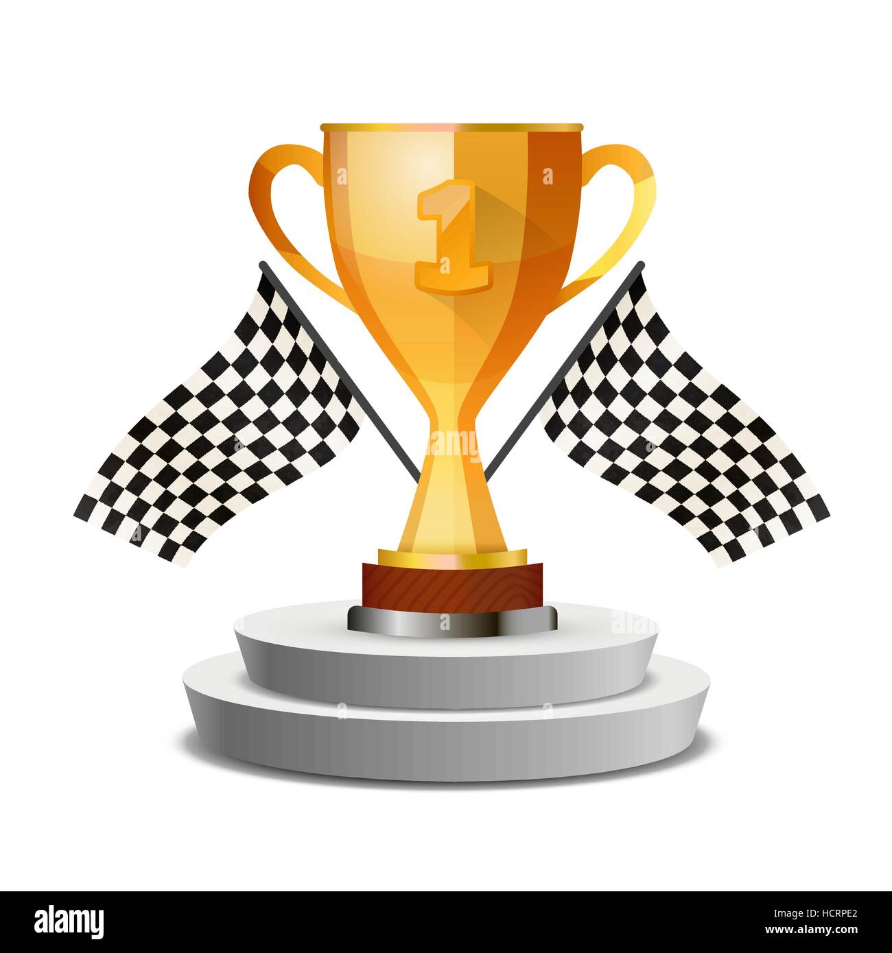 Bright glossy winner cup on pedestal with flags, isolated on white ...