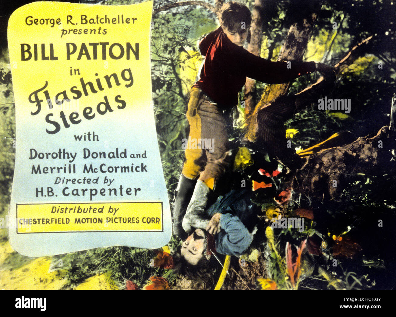 FLASHING STEEDS, Bill Patton (top) on title lobbycard, 1925 Stock Photo ...