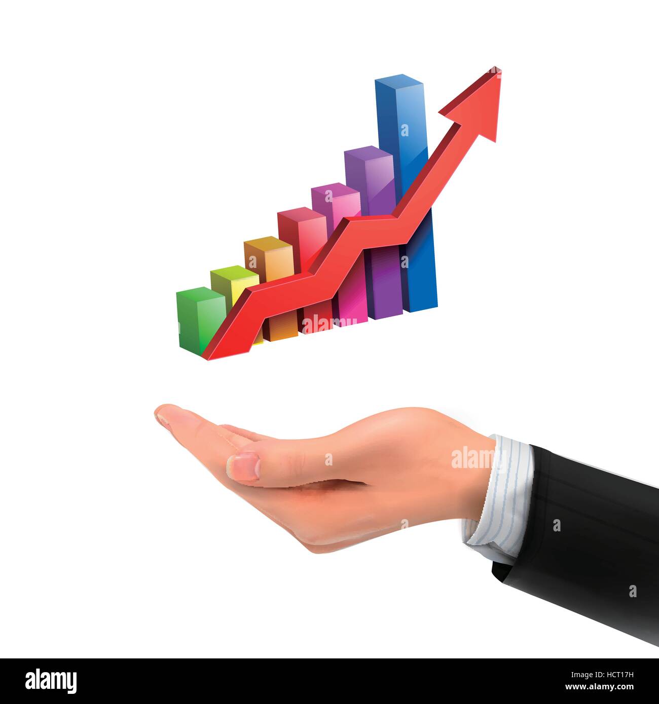 3d hand holding bar graph with rising arrow over white background Stock ...