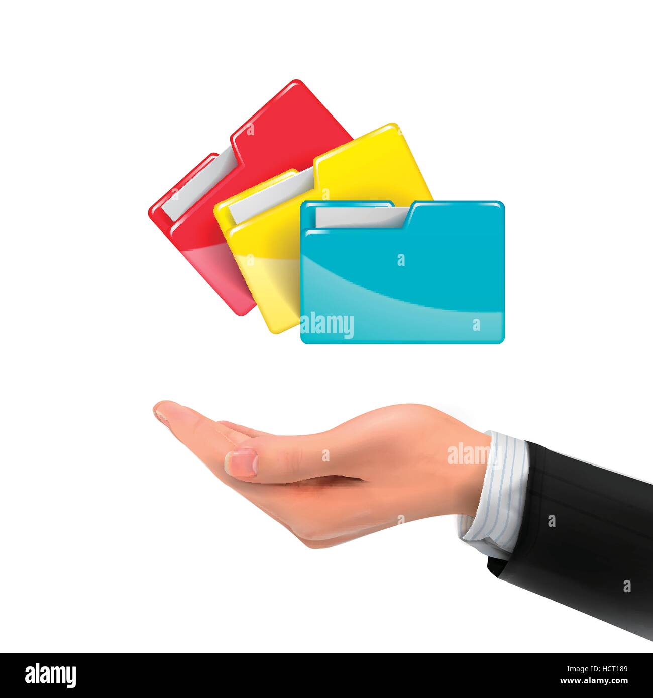 3d hand holding colorful folders over white background Stock Vector ...