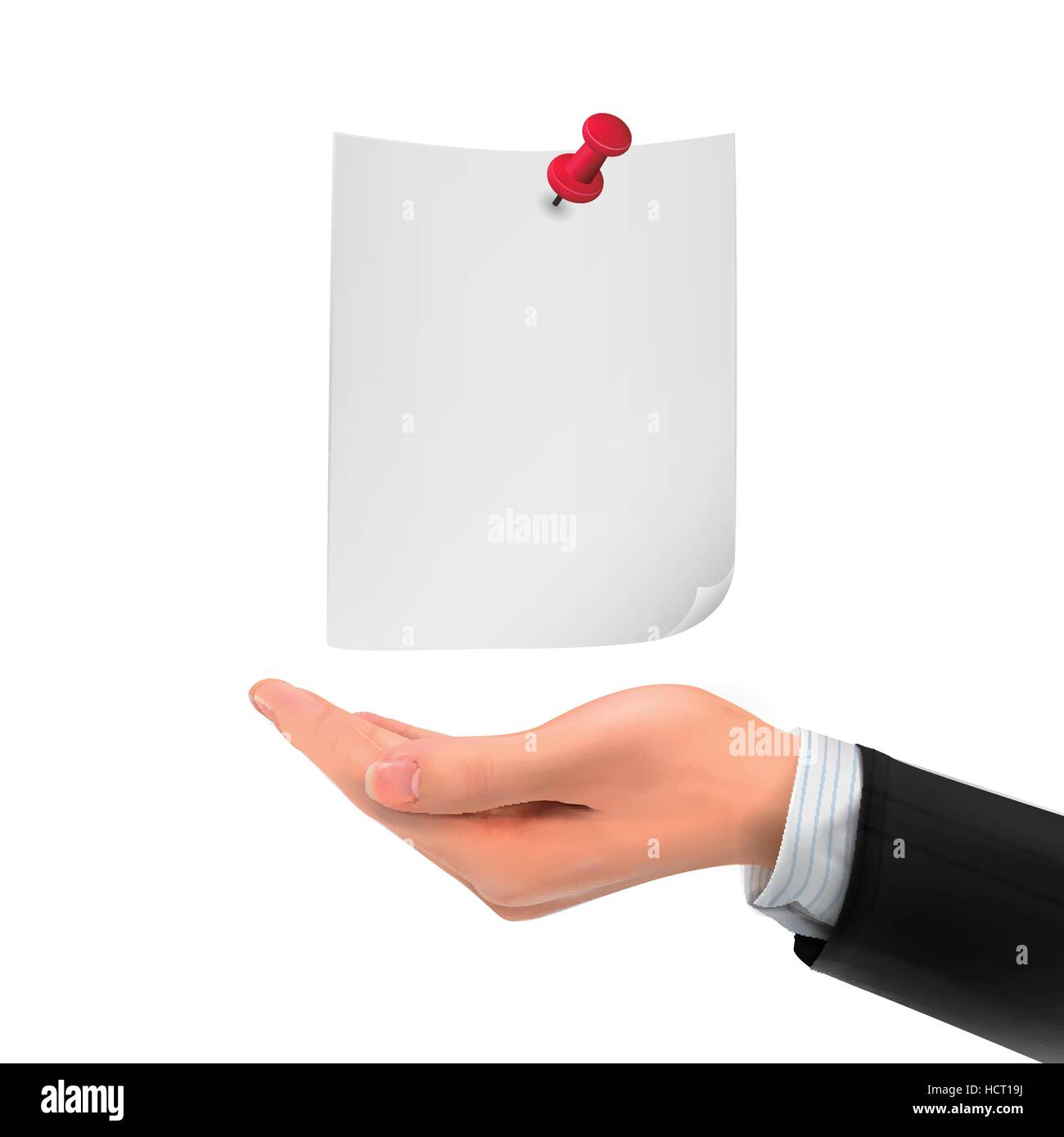 3d hand holding paper sheet for memo with pin over white background ...