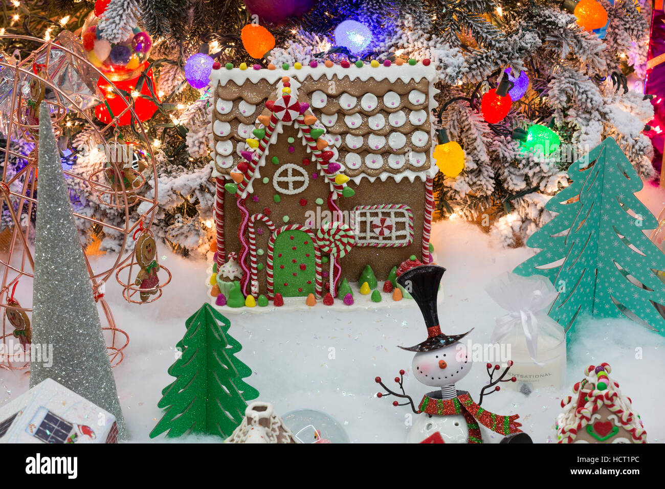 Christmas gingerbread house displayed with decorations and lights Stock ...