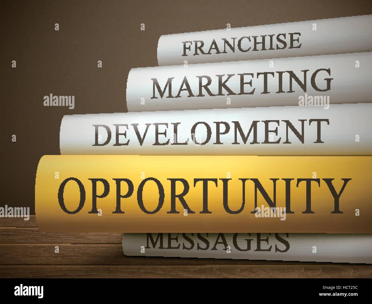 book title of opportunity isolated on a wooden table over dark ...