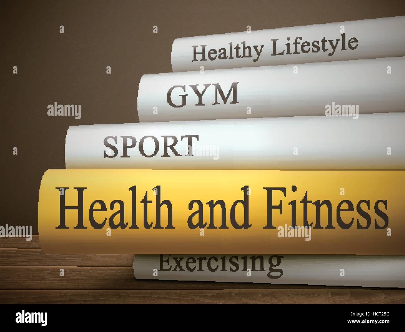 book title of health and fitness isolated on a wooden table over dark ...