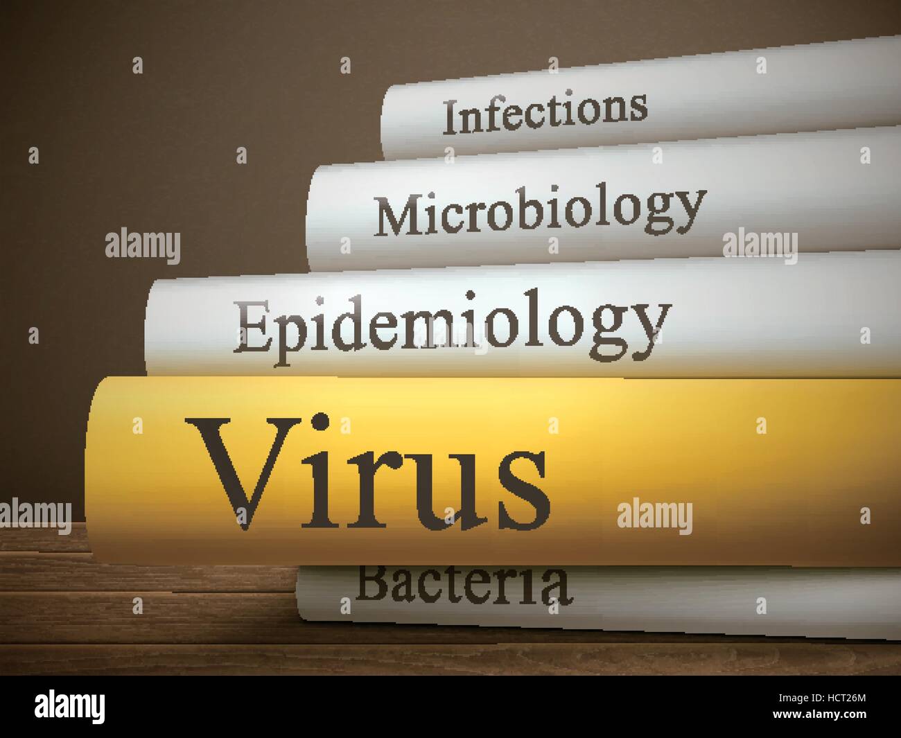 book title of virus isolated on a wooden table over dark background ...