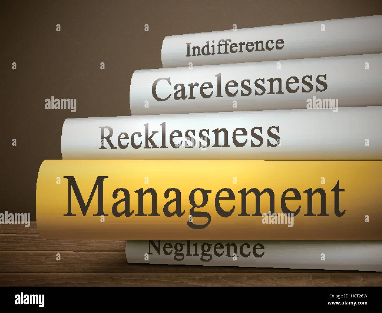 book title of management isolated on a wooden table over dark ...