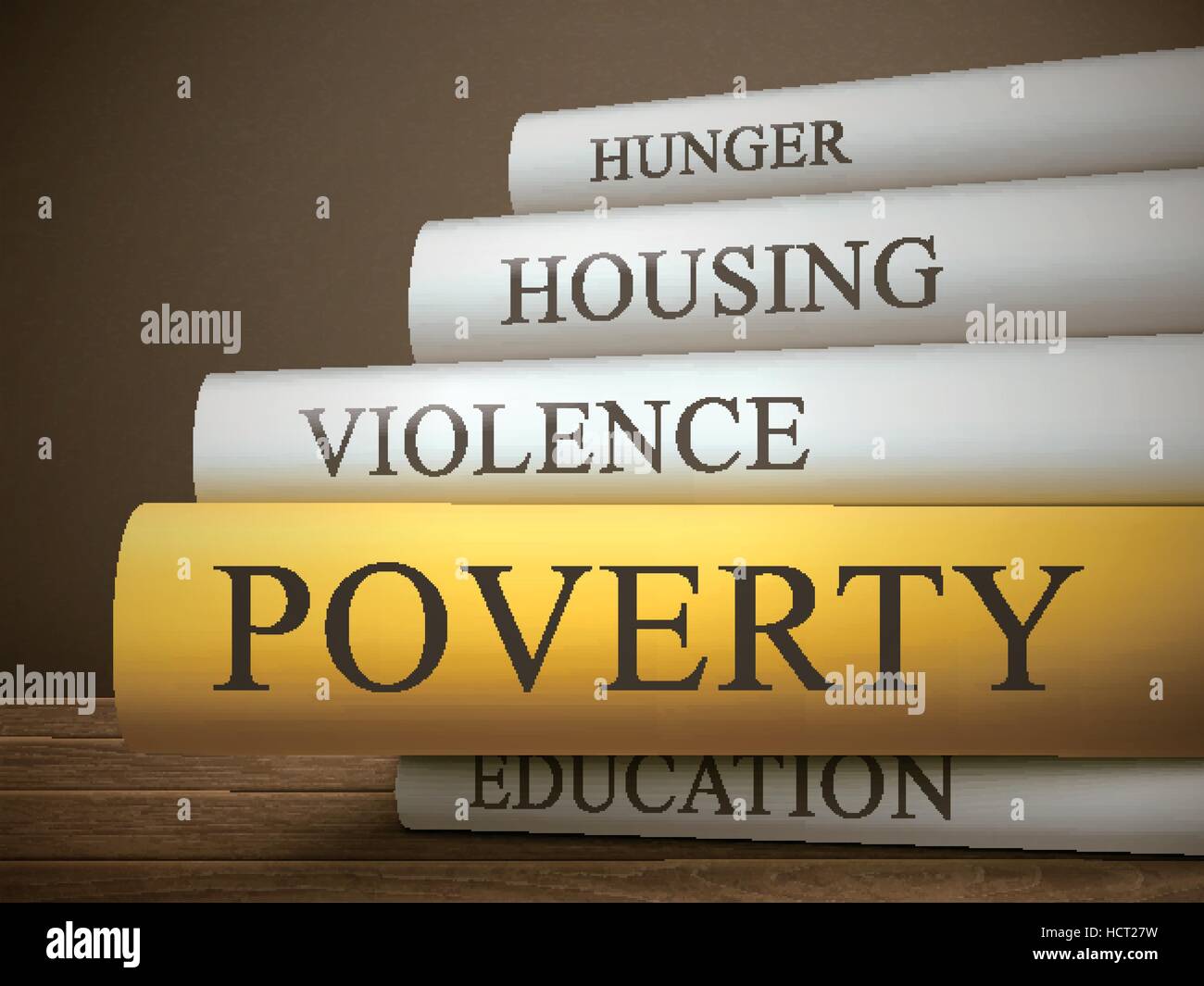 book title of poverty isolated on a wooden table over dark background ...