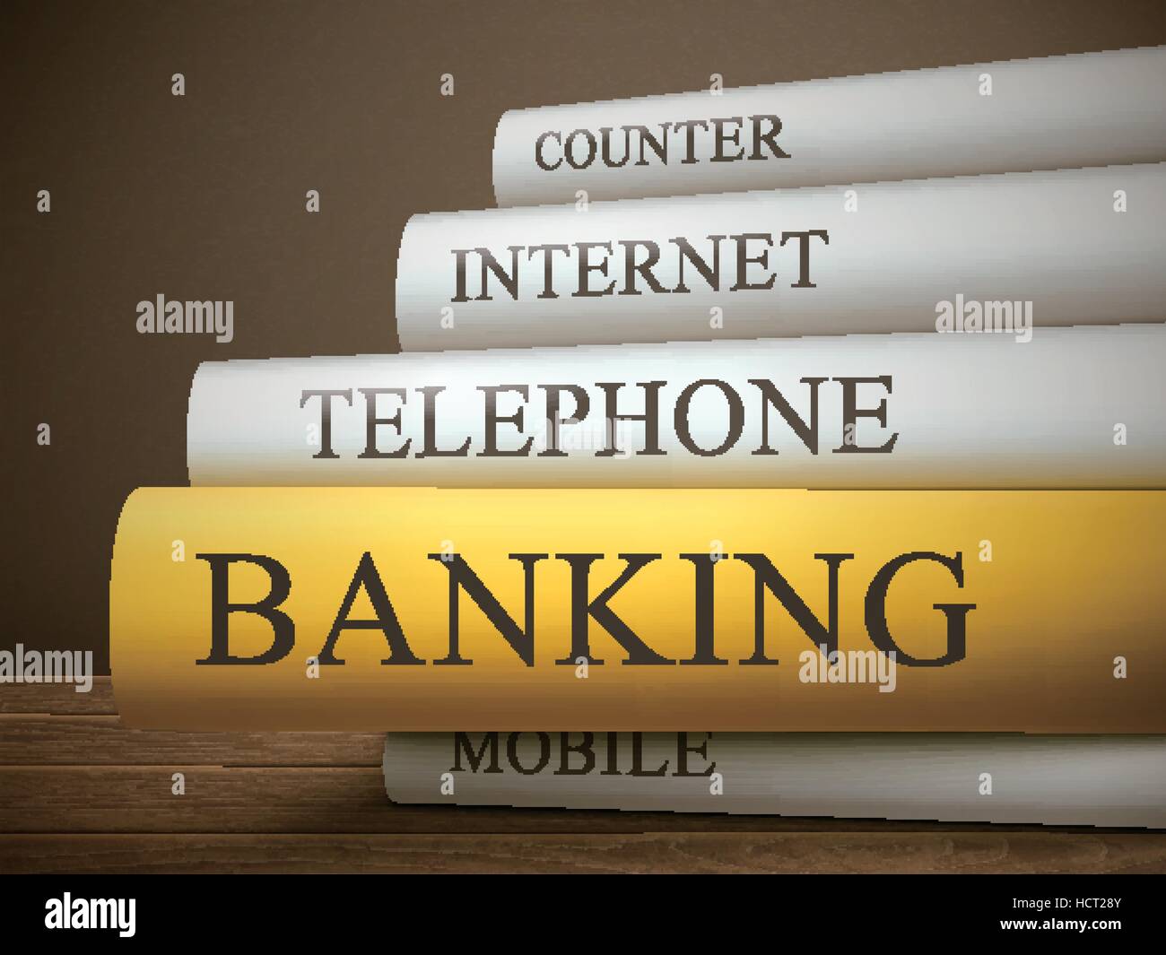 book title of banking isolated on a wooden table over dark background ...