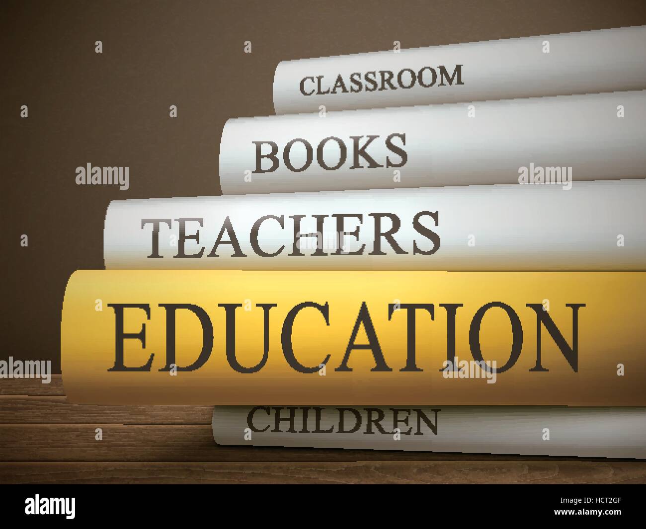 book title of education isolated on a wooden table over dark background ...