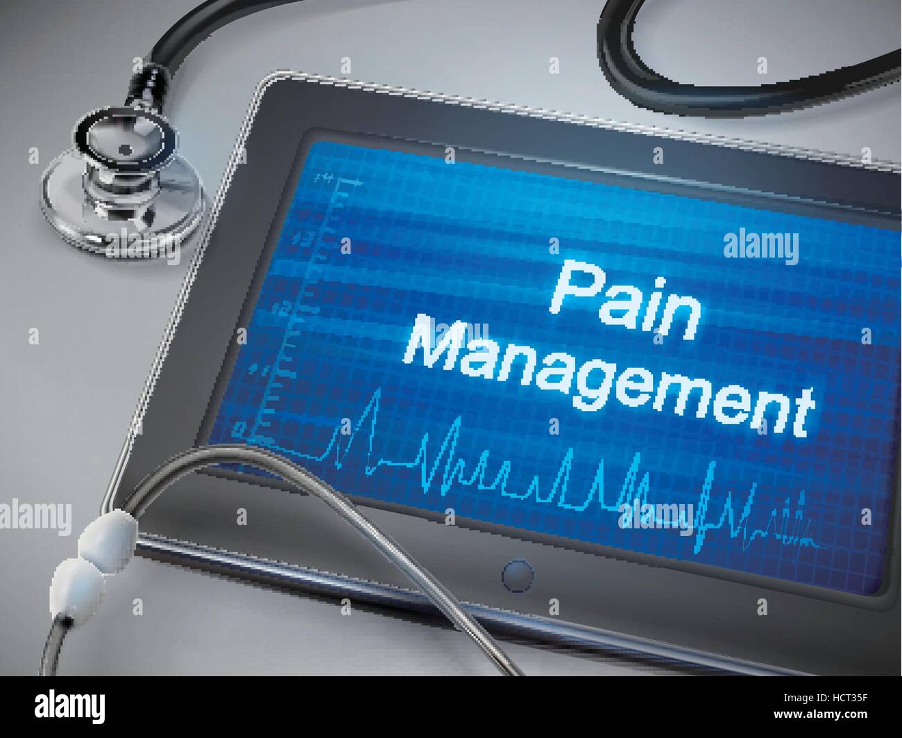 pain management words displayed on tablet with stethoscope over table ...