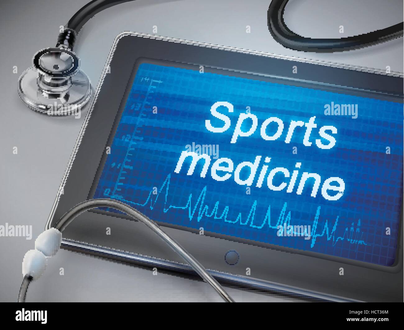 sports medicine words displayed on tablet with stethoscope over table ...