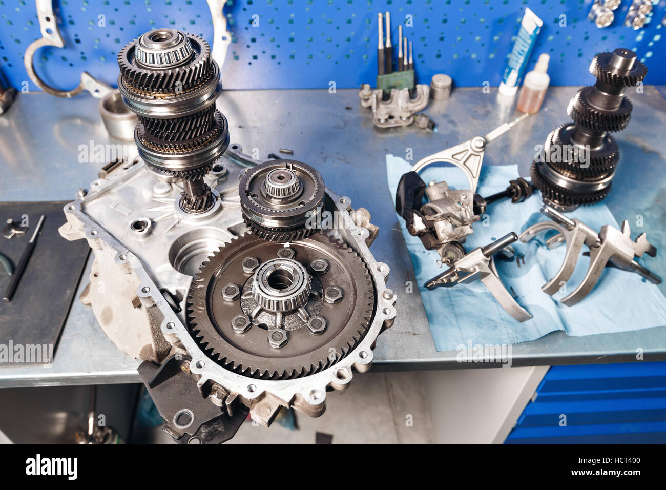 Cross-section of a car gearbox. mechanics work in the garage Stock ...