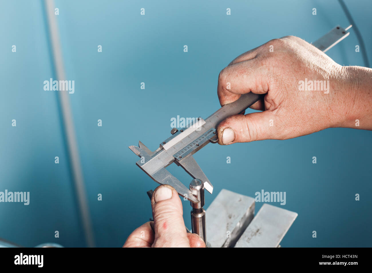 mechanical technician worker hands measuring detail tool after ...