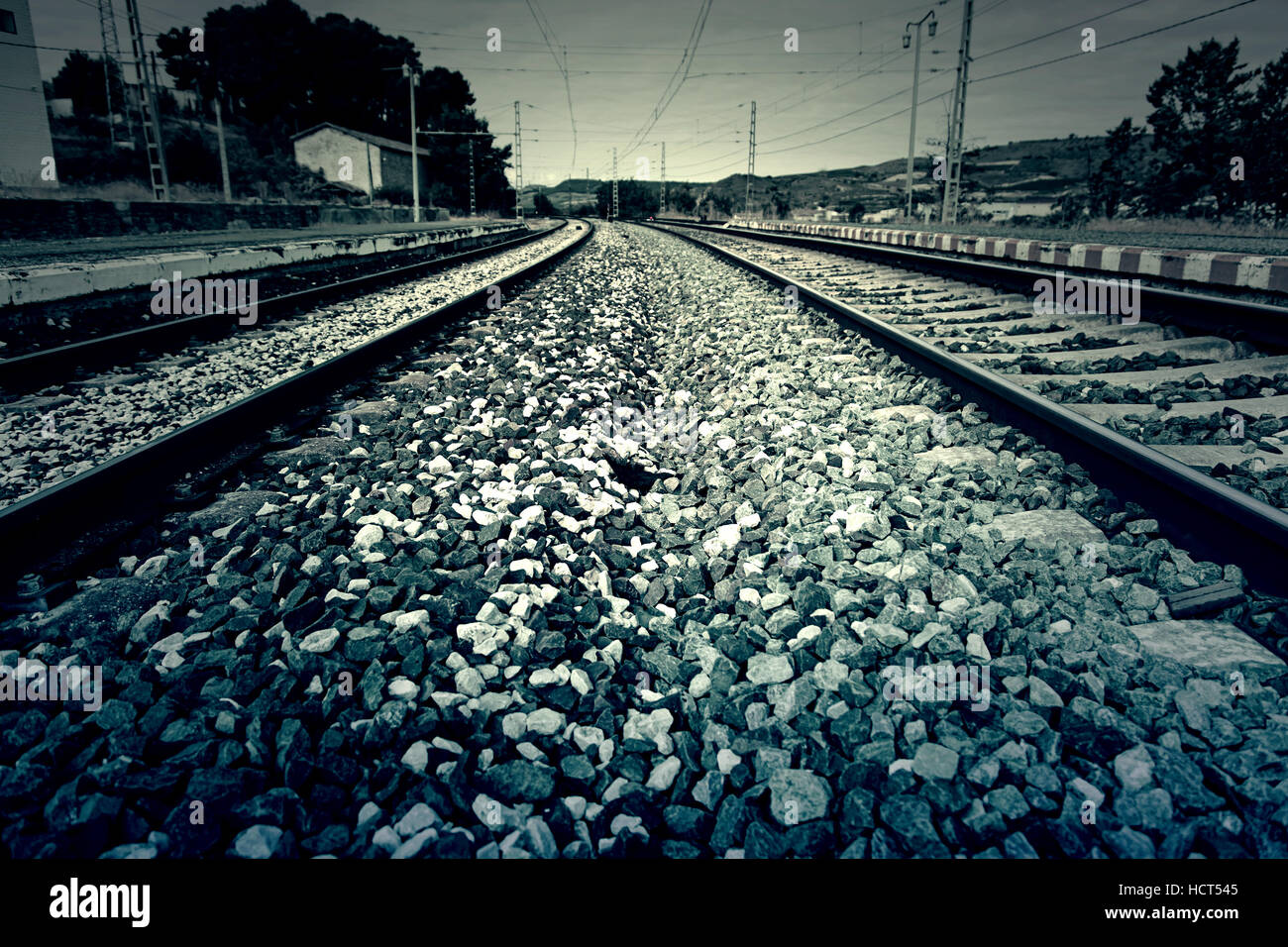 Railroad tracks at a station, detail of a tract for passenger trains ...