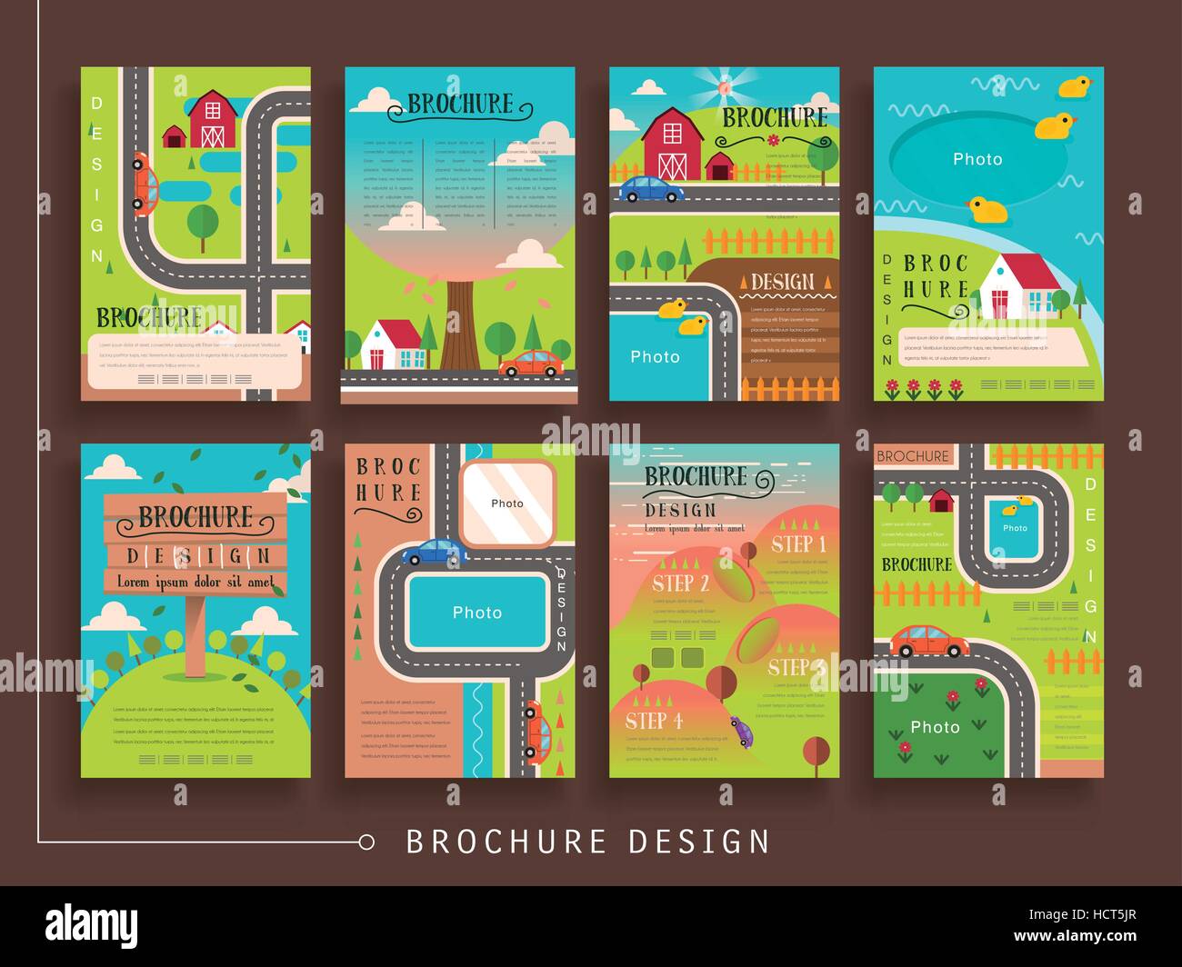 lovely brochure template design set with outdoor scenery in flat design ...