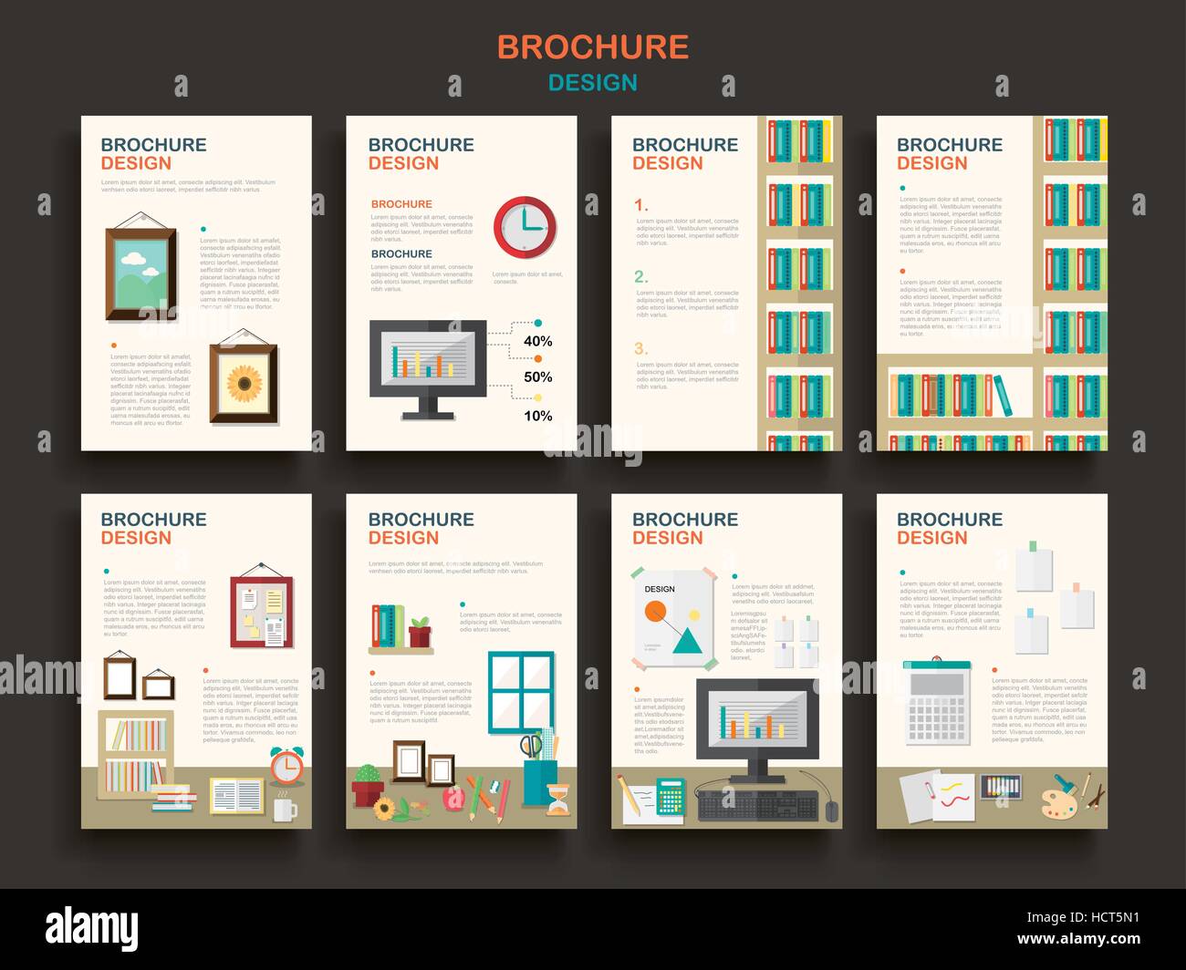 adorable brochure template design set with office routine elements ...