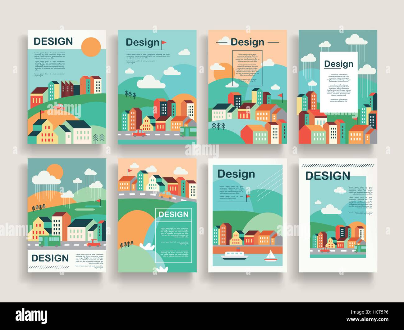 adorable brochure template design set with downtown scenery in flat ...
