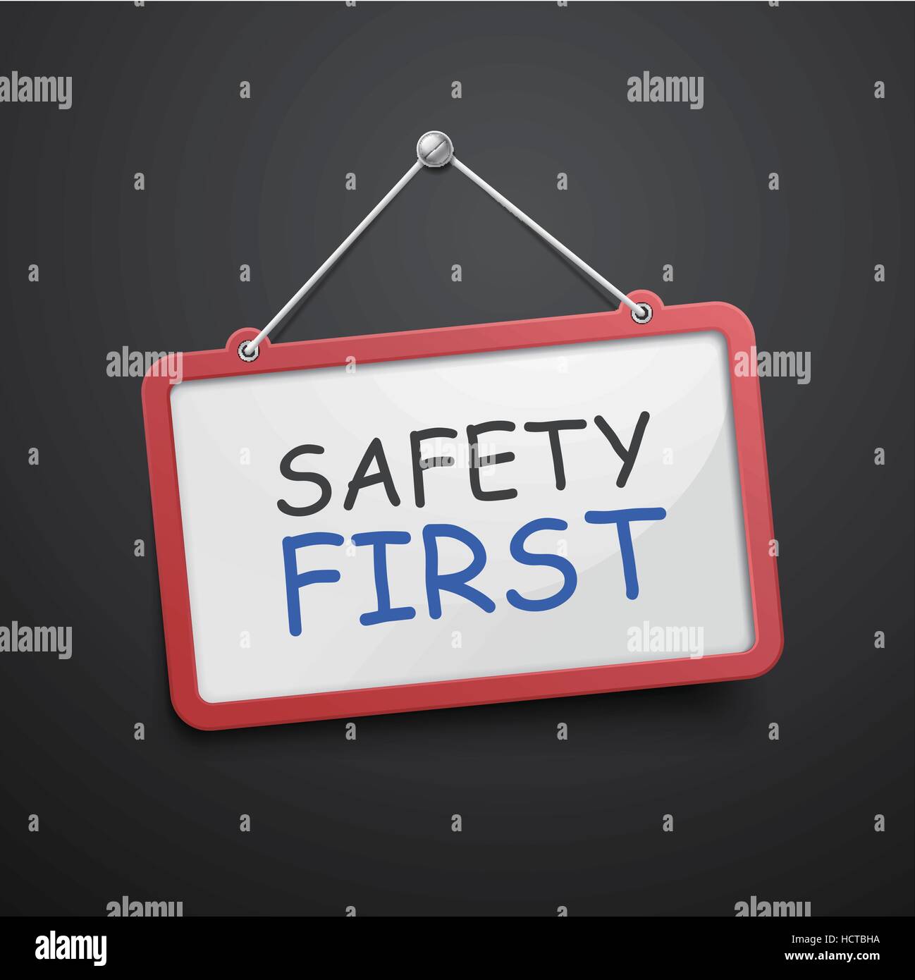 safety first hanging sign isolated on black wall Stock Vector Image ...