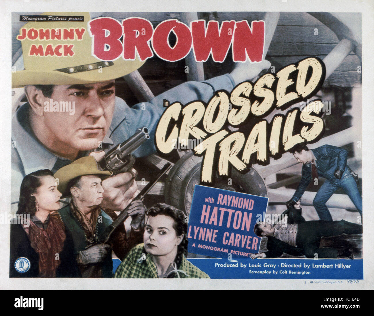 CROSSED TRAILS, from back left: Johnny Mack Brown, Lynne Carver ...