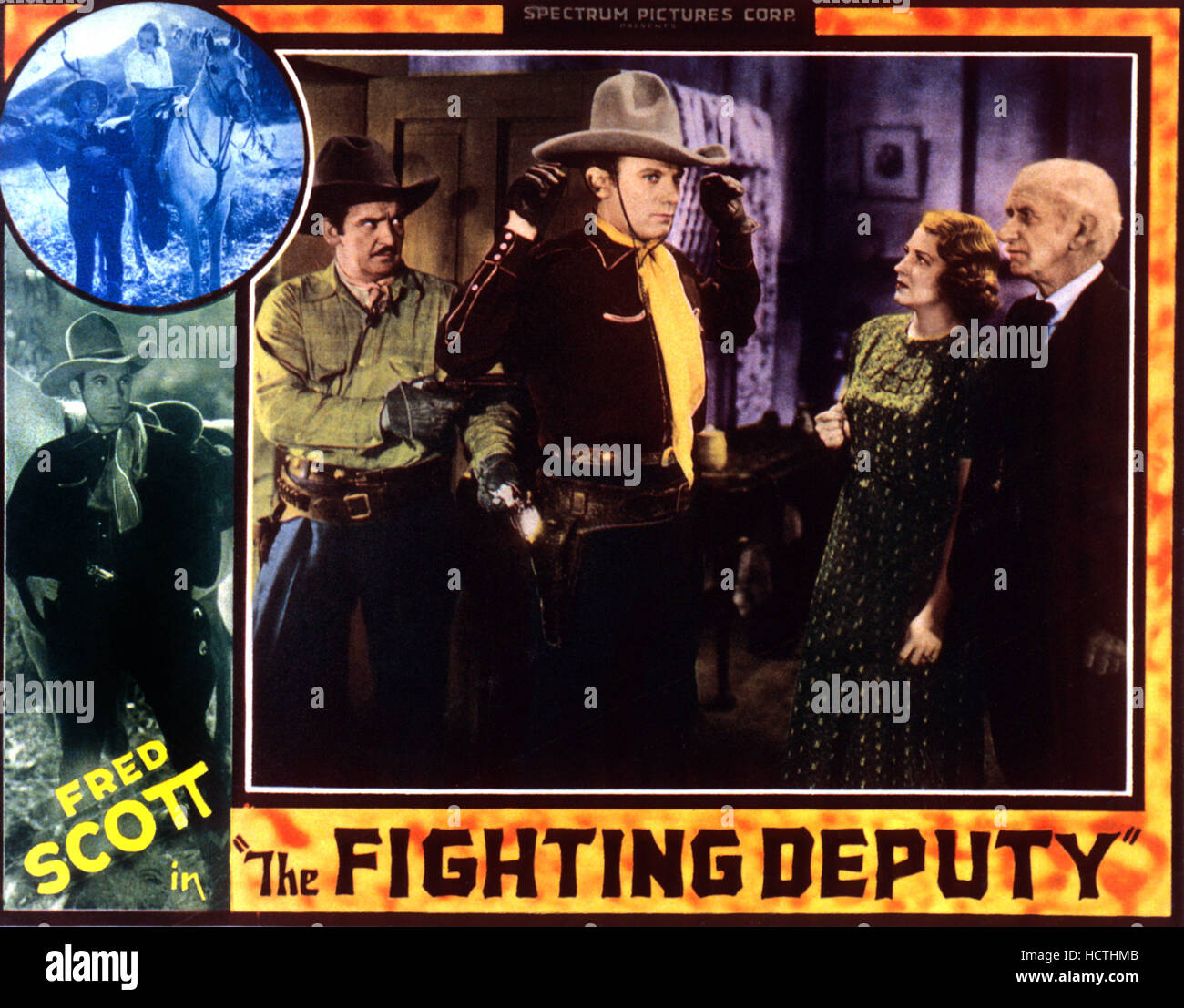 THE FIGHTING DEPUTY, bottom left border and center inset: Fred Scott on poster art, 1937 Stock ...