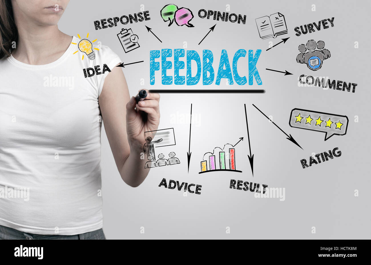 Beautiful woman writing - Feedback concept. Gray background Stock Photo ...