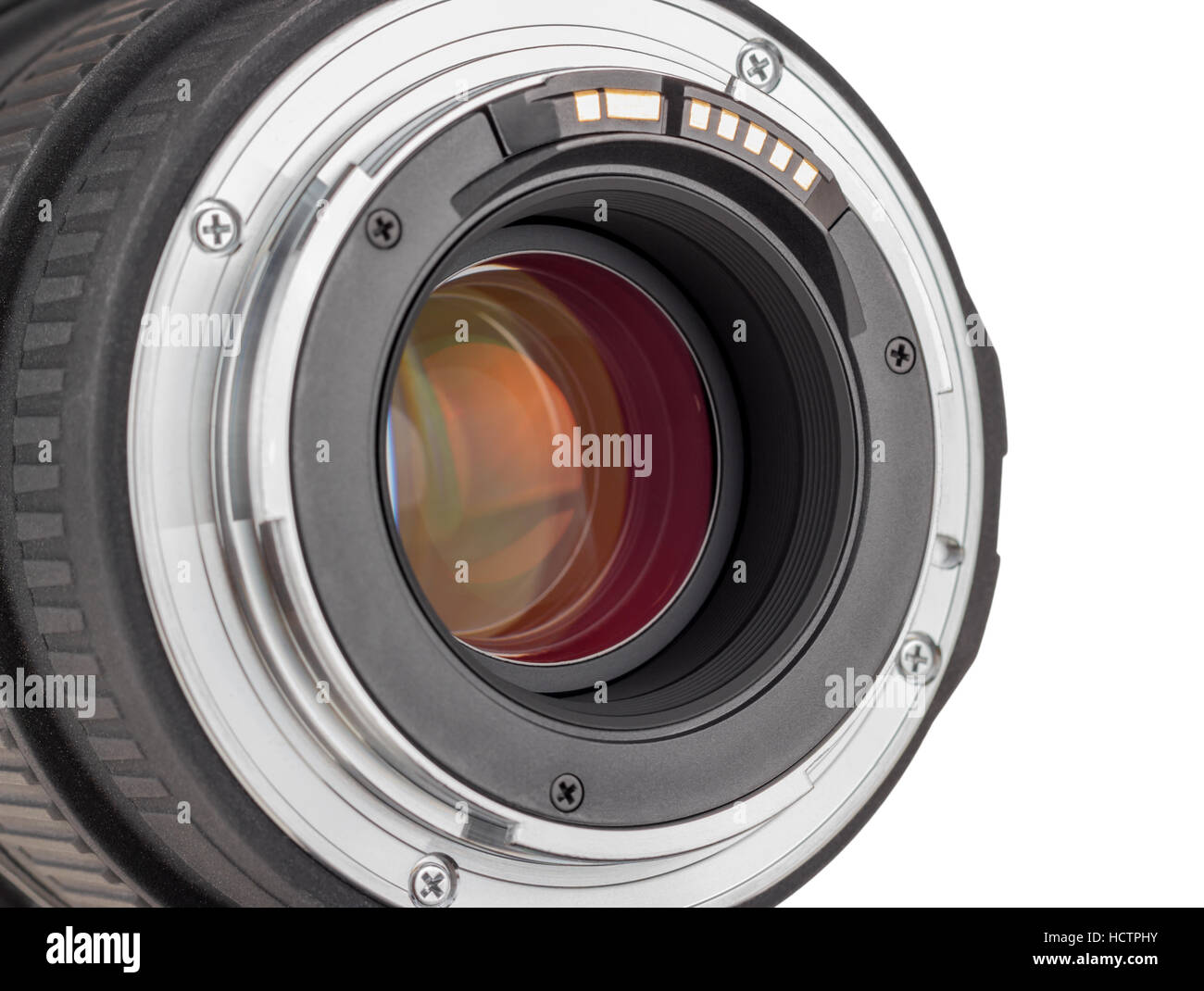 The lens of modern digital camera, rear view of the lens. Isolated on ...