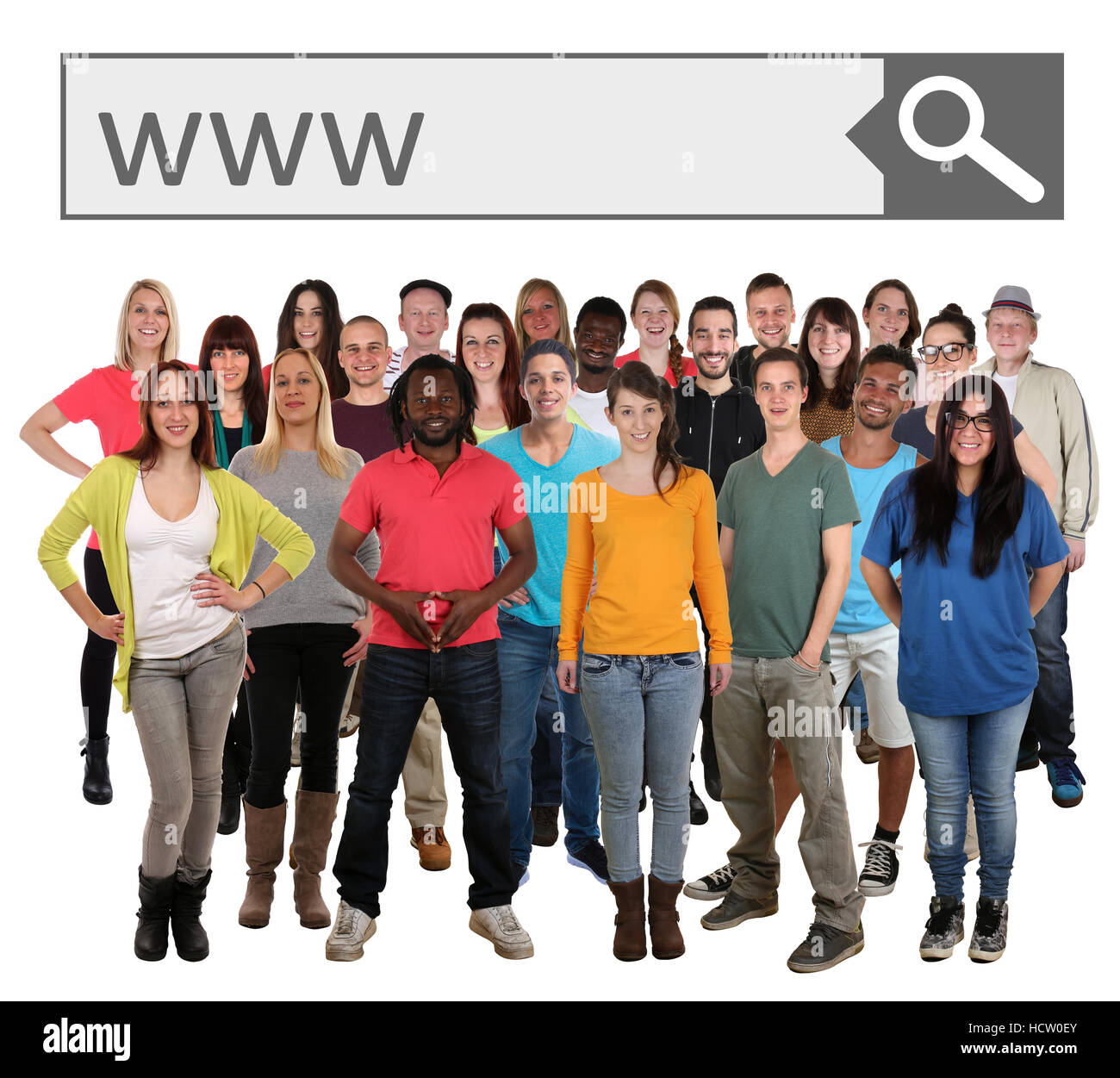 Group of young smiling people searching website online on internet ...