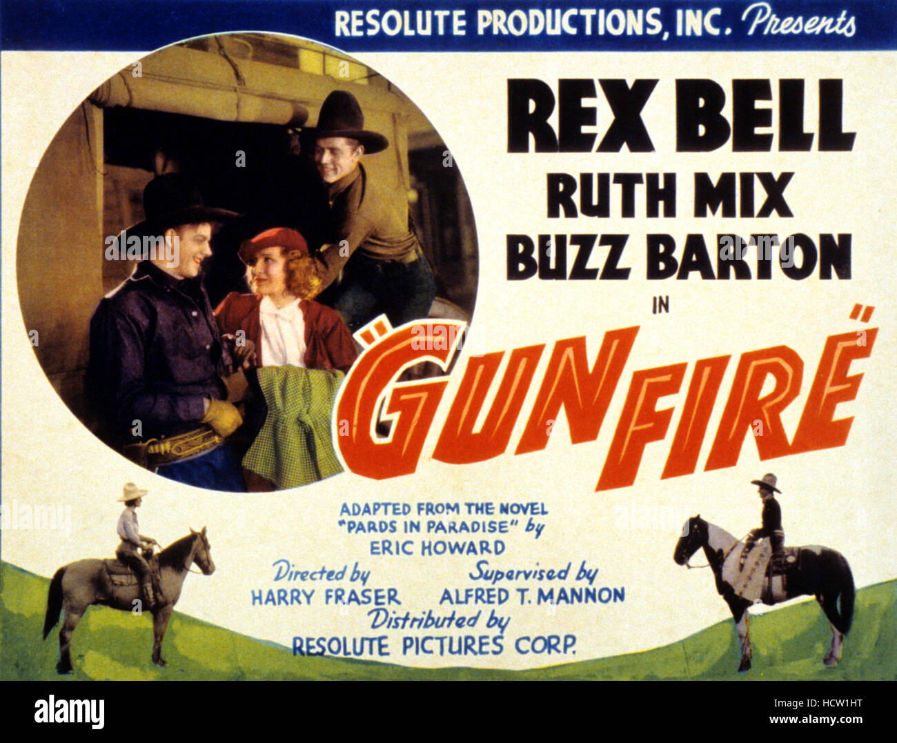 GUNFIRE, l-r: Buzz Barton, Ruth Mix, Rex Bell on title lobbycard, 1934 ...