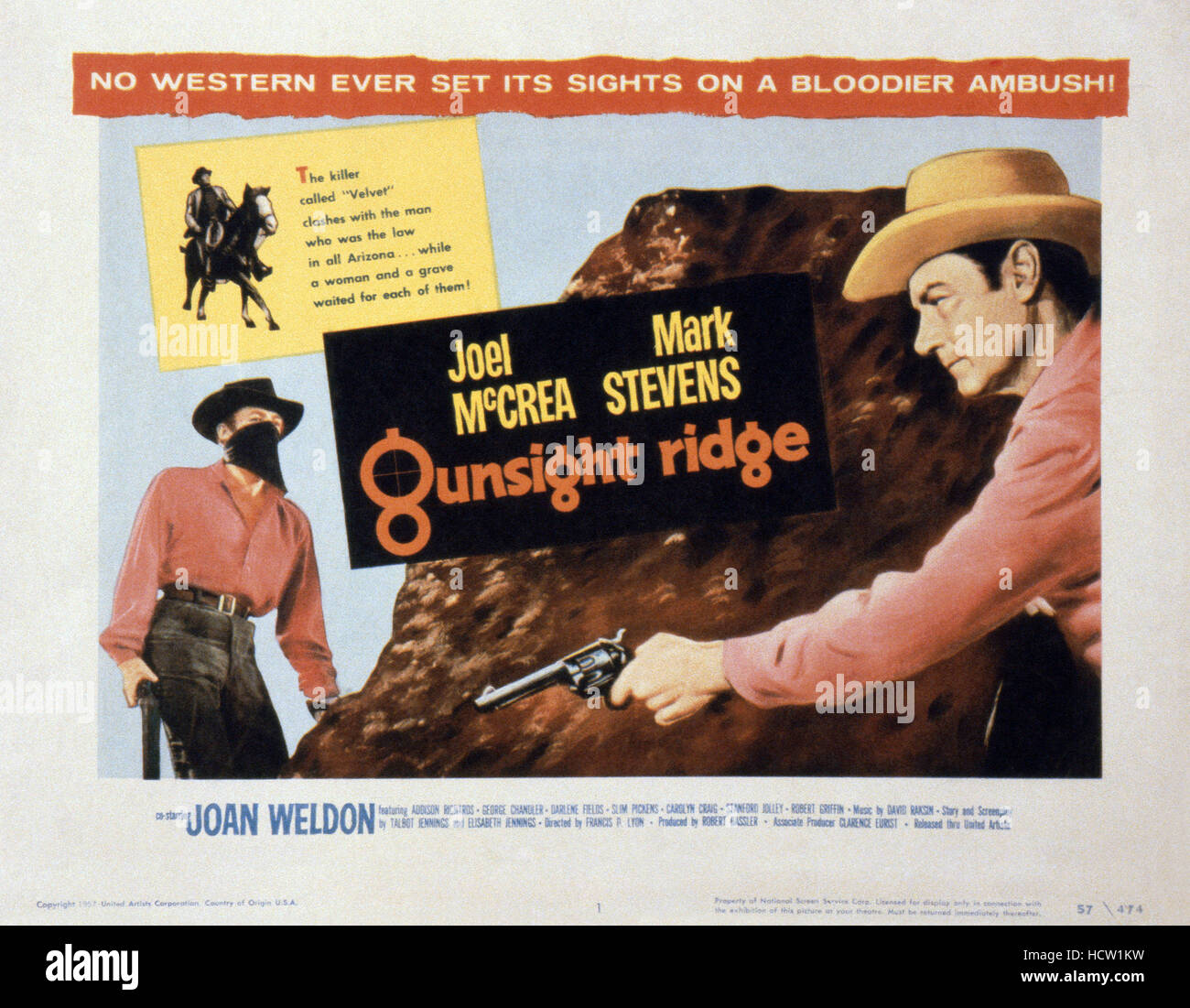 GUNSIGHT RIDGE, from left: Mark Stevens, Joel McCrea 1957 Stock Photo - Alamy