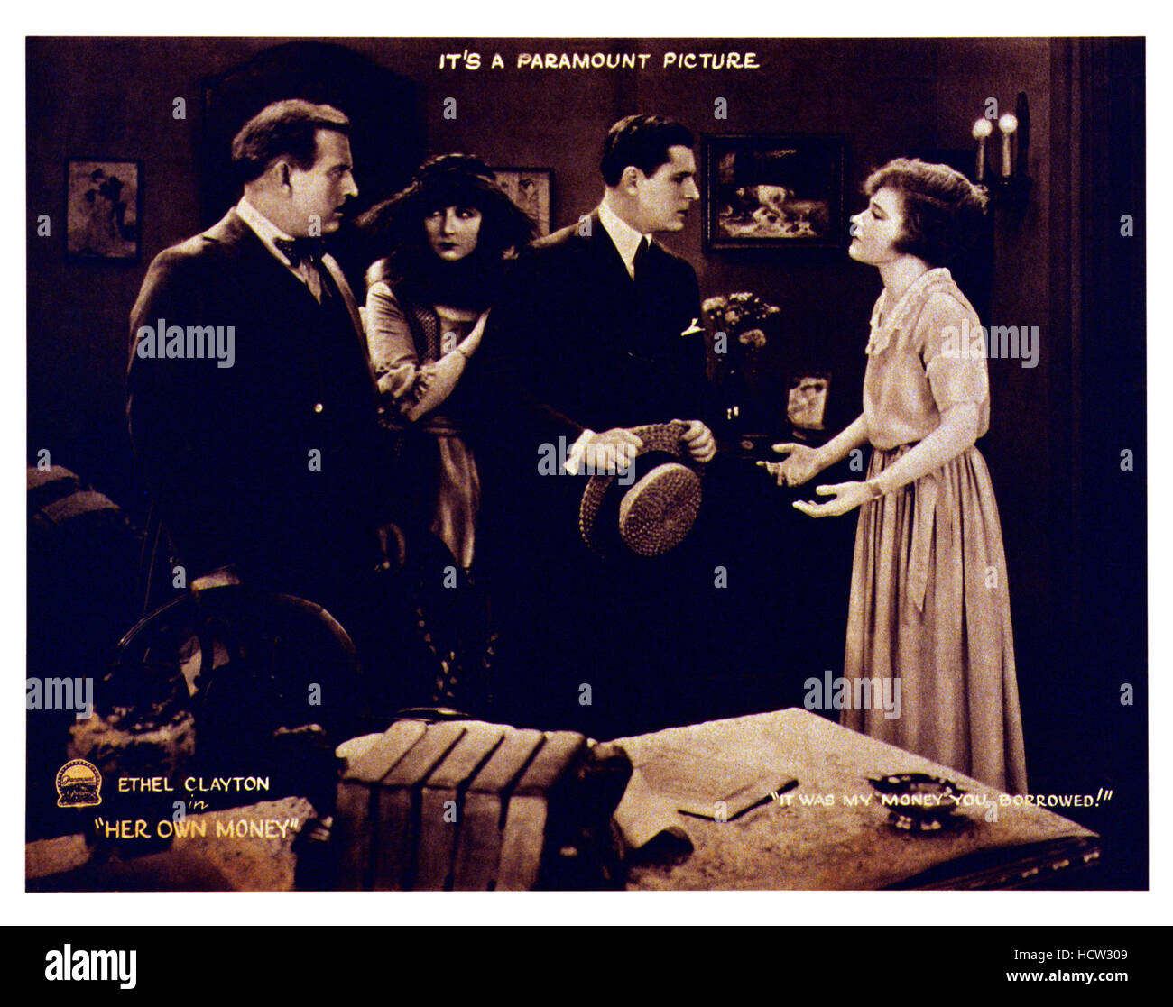 HER OWN MONEY, US lobbycard, from left: Clarence Burton, Mae Busch ...