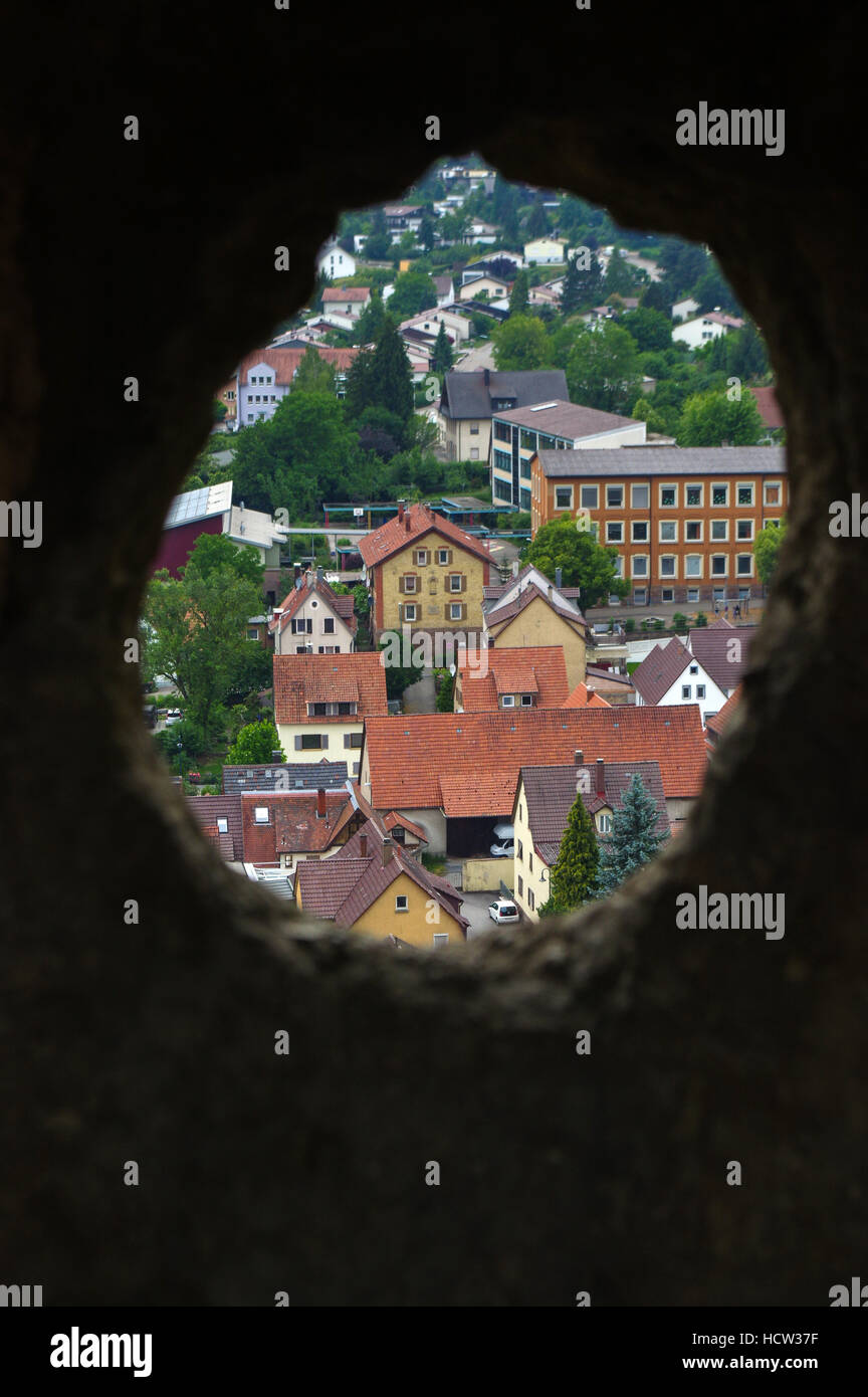a aerial view from castle ruin Loffelstelz to the old town in Muhlacker ...